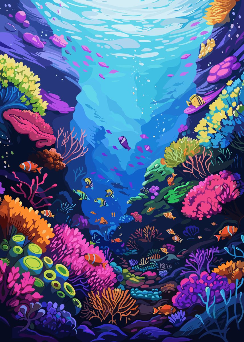 'Vibrant Coral Reef' Poster, picture, metal print, paint by Mesh | Displate