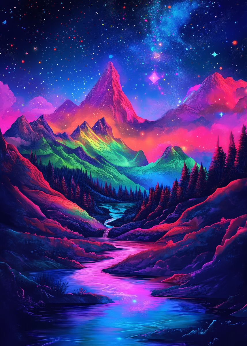 'Neon Mountain Landscape' Poster, picture, metal print, paint by Danan ...