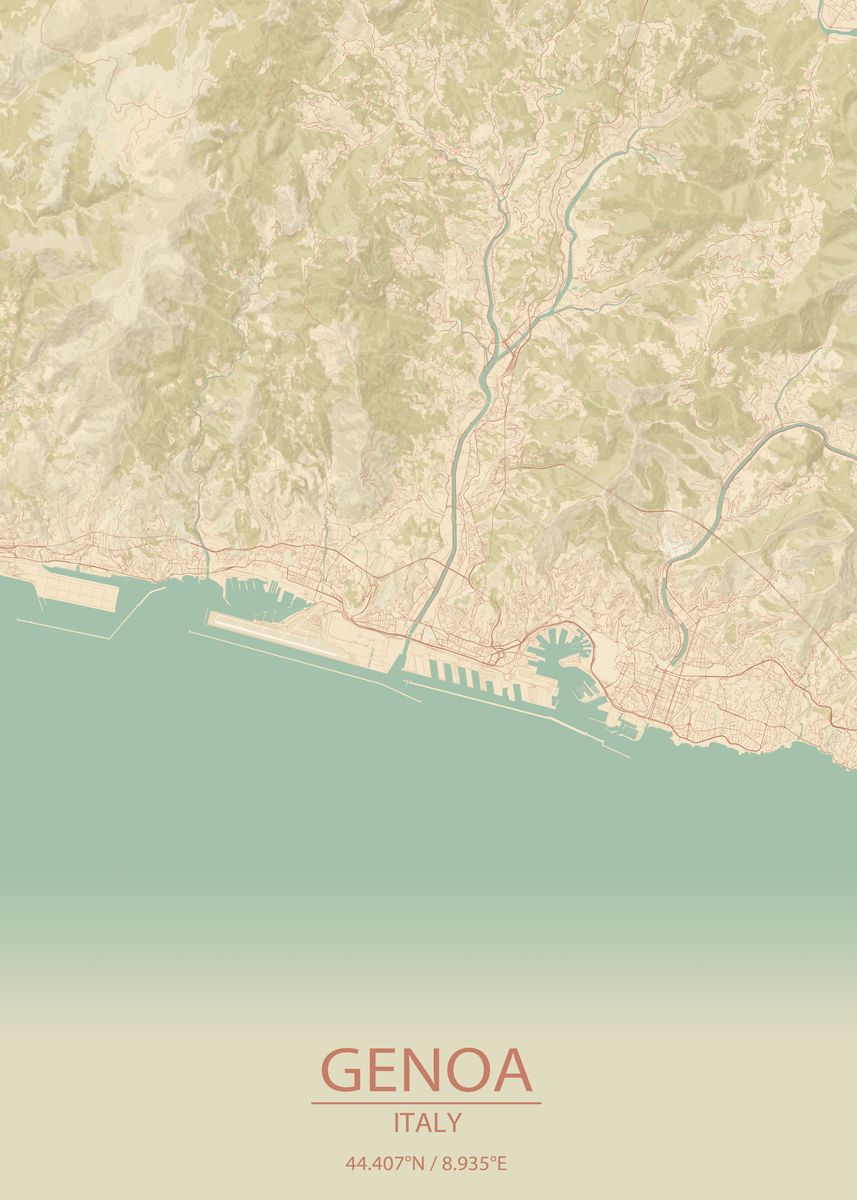 'Genoa Italy Vintage Style City Map' Poster, picture, metal print, paint by Wall Art Physical ...