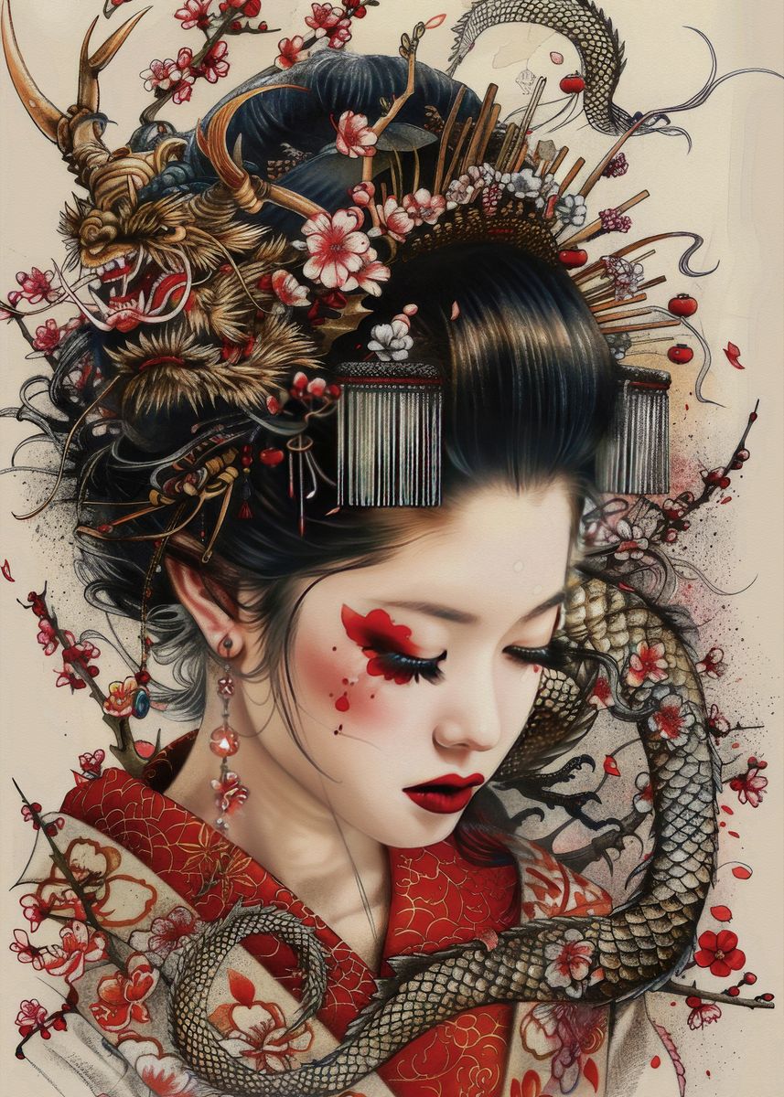 'Geisha with Dragon and Cherry Blossoms' Poster, picture, metal print ...