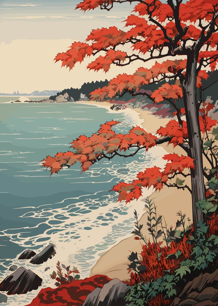'Autumn Coastline' Poster, picture, metal print, paint by OniArt | Displate