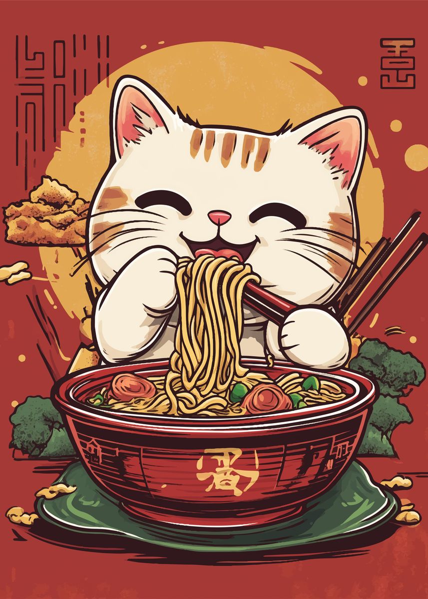 'Cute Cat Eating Ramen' Poster, picture, metal print, paint by Kimberly ...