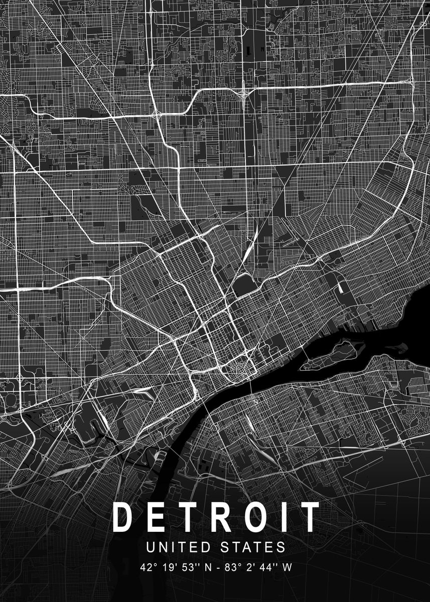 'Detroit Dark Map' Poster, picture, metal print, paint by DesignerMind ...