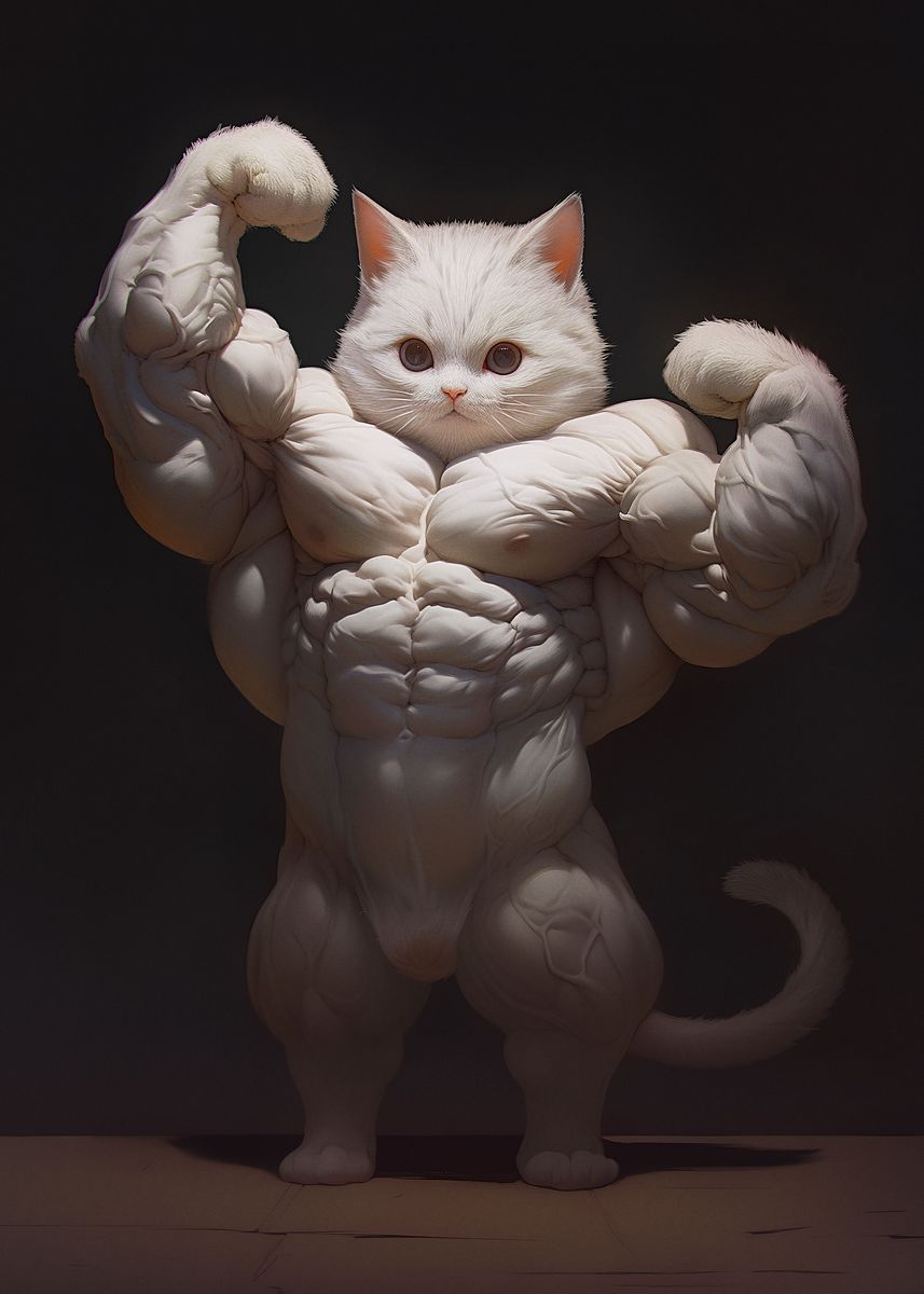 'Funny Cat Flexing Muscles' Poster, picture, metal print, paint by Vars | Displate
