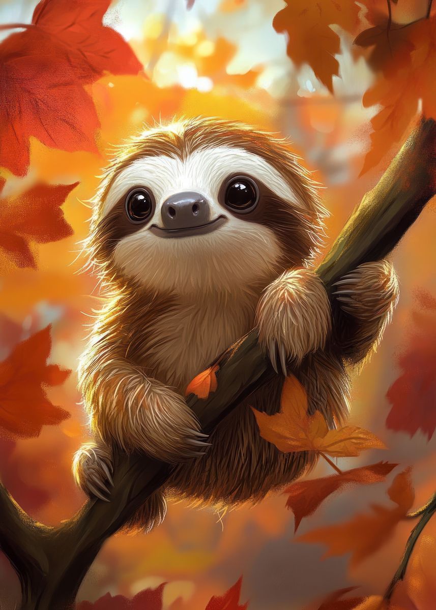 'Cute Sloth in Autumn' Poster, picture, metal print, paint by Usama ...