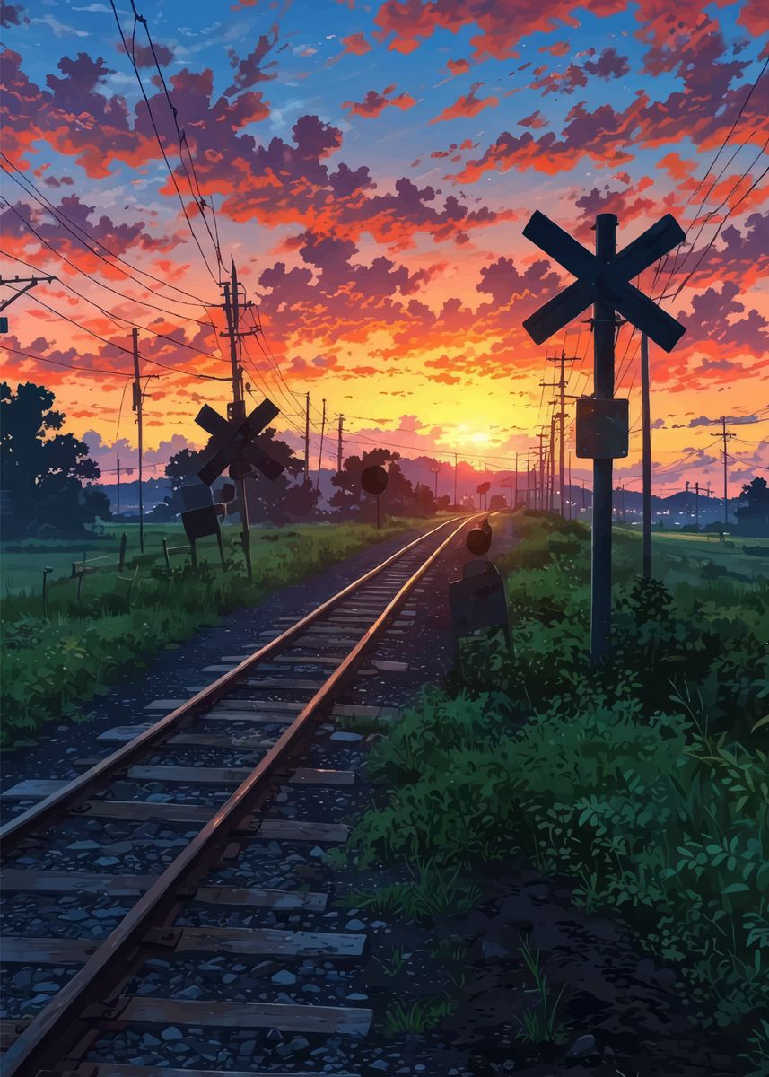 'Sunset Train Tracks' Poster, picture, metal print, paint by Space Art ...
