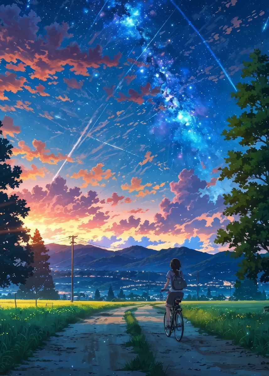 'Anime Night Sky Bike Ride' Poster, picture, metal print, paint by ...