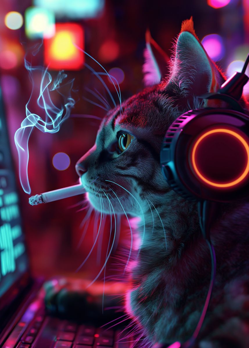 'Passionate Cat Gamer' Poster, picture, metal print, paint by Wanderlight Studios | Displate