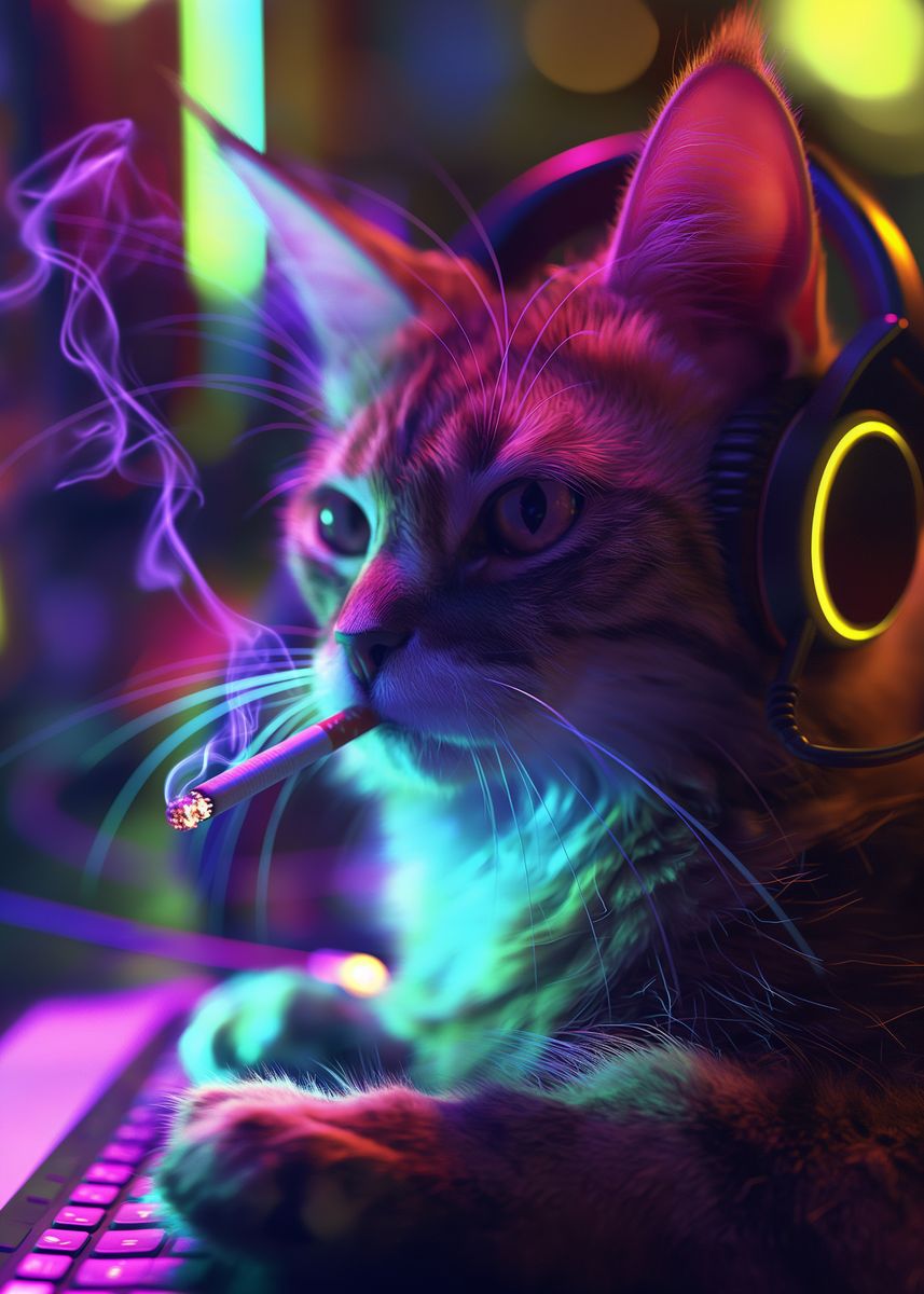 'Cool Neon Cat Gamer' Poster, picture, metal print, paint by Enchanted ...