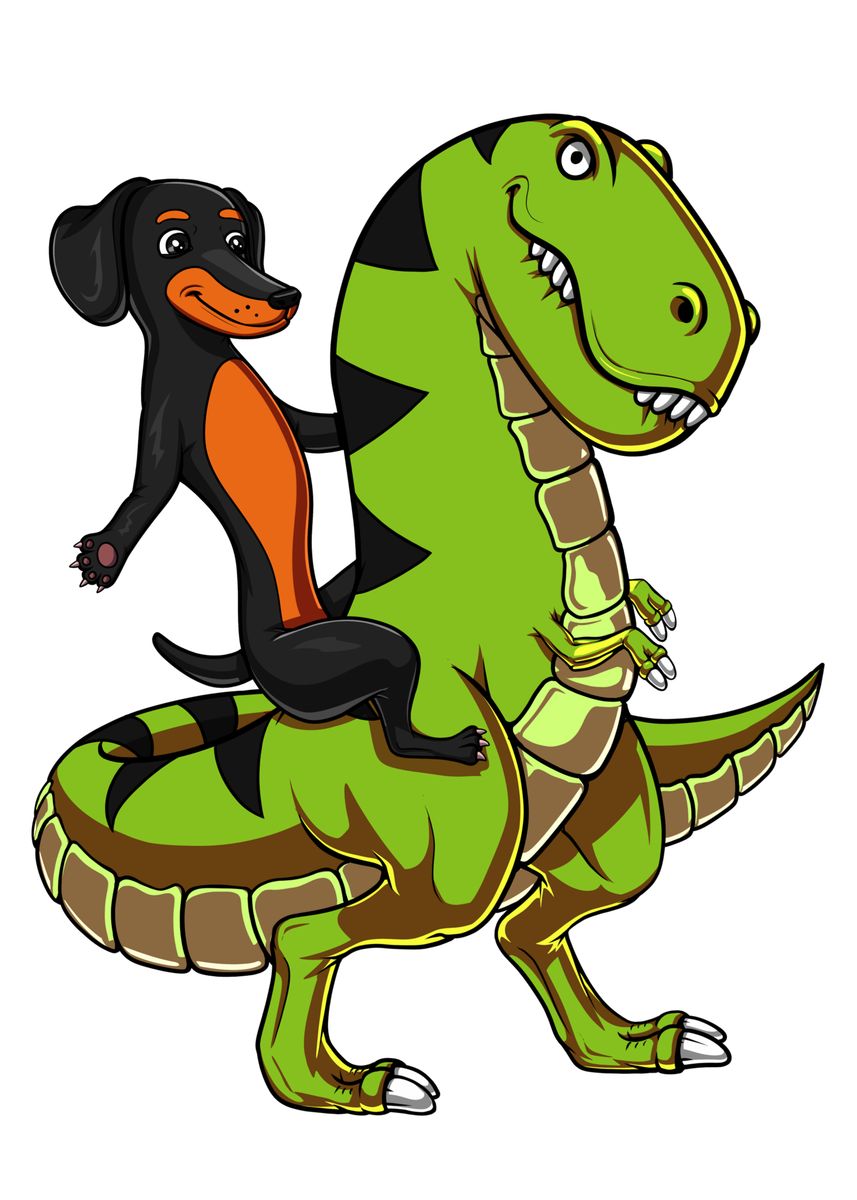 'Dachshund Riding T-Rex' Poster, picture, metal print, paint by Kyrie ...