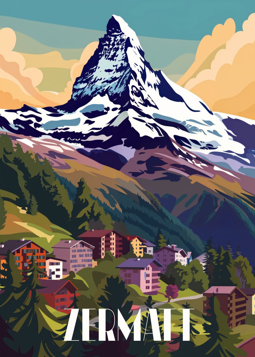 'Zermatt Mountain Village' Poster, picture, metal print, paint by ...
