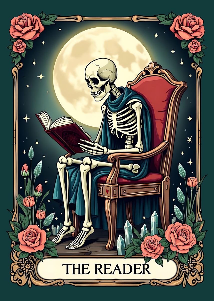 'The Reader Tarot Card Skeleton Reading a Book ' Poster, picture, metal ...