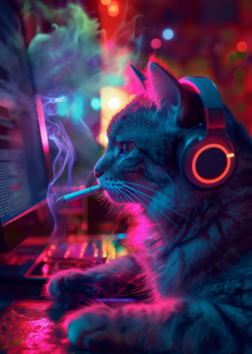 'Cool Cat Gamer Smoking' Poster, picture, metal print, paint by Reubenz ...