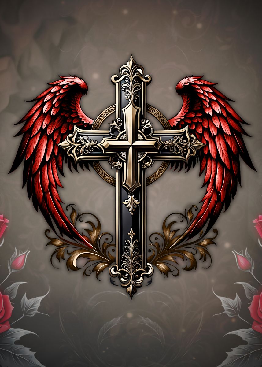 'Ornate Cross with Wings' Poster, picture, metal print, paint by Heike ...