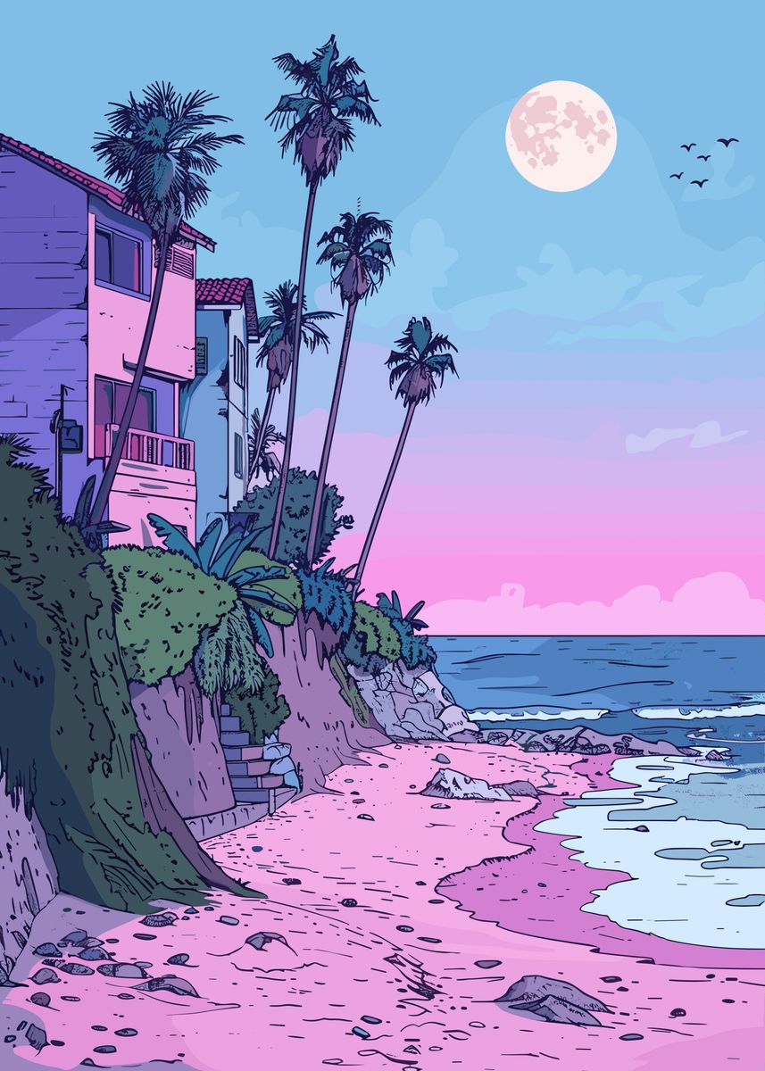 'Pink Sunset Beach' Poster, picture, metal print, paint by Oliver Ben ...