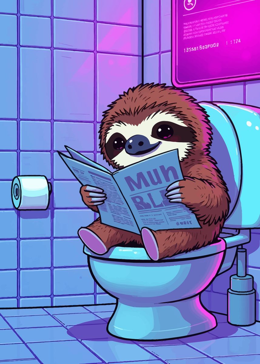 'Sloth Reading on Toilet' Poster, picture, metal print, paint by MIROKU ...