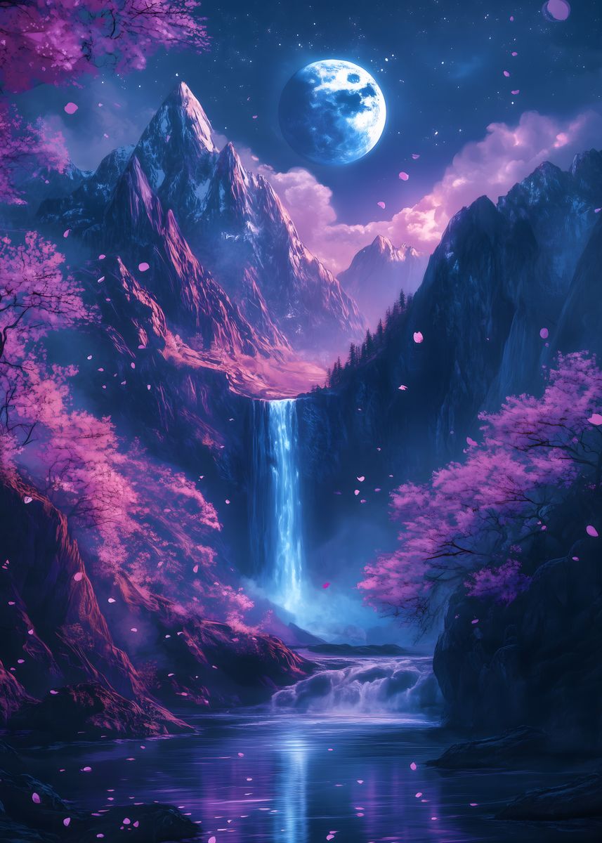 'Moon Waterfall mountain cherry blossom landscape' Poster, picture ...