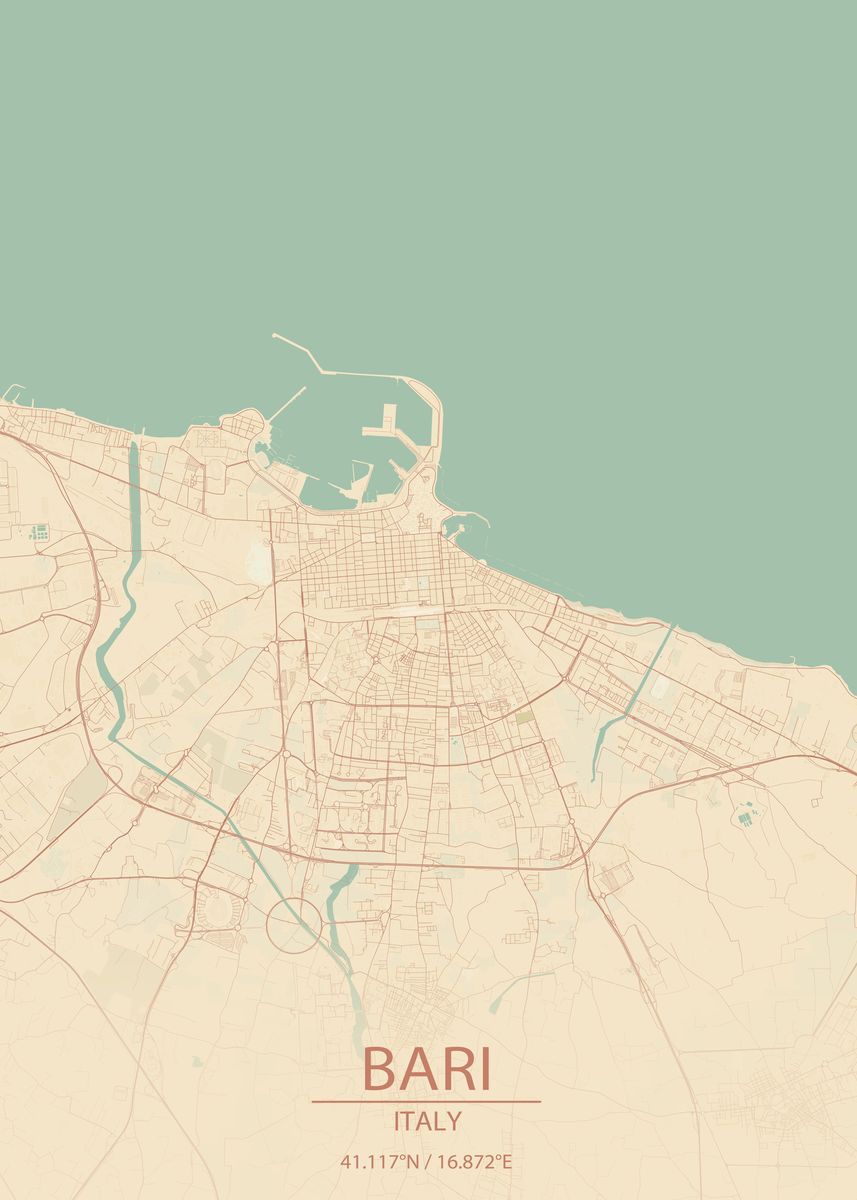 'Bari Italy Vintage Style City Map' Poster, picture, metal print, paint ...