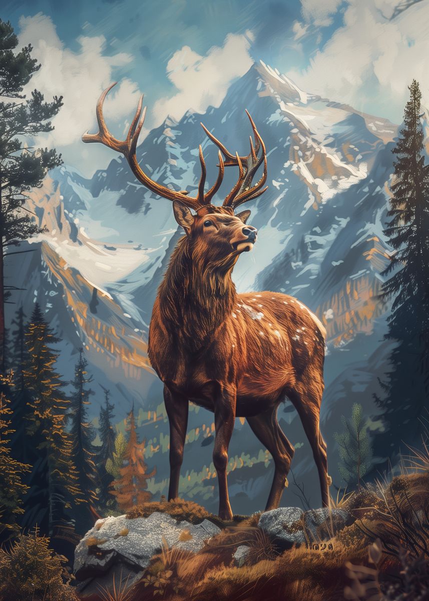 'Majestic Elk in Mountains' Poster, picture, metal print, paint by hadi ...