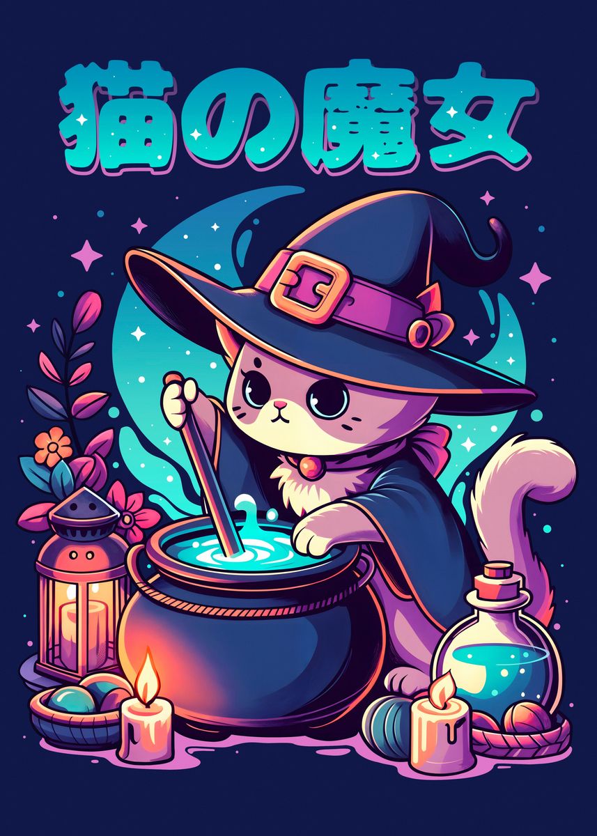 'Neko Witch' Poster, picture, metal print, paint by Yushiroe | Displate