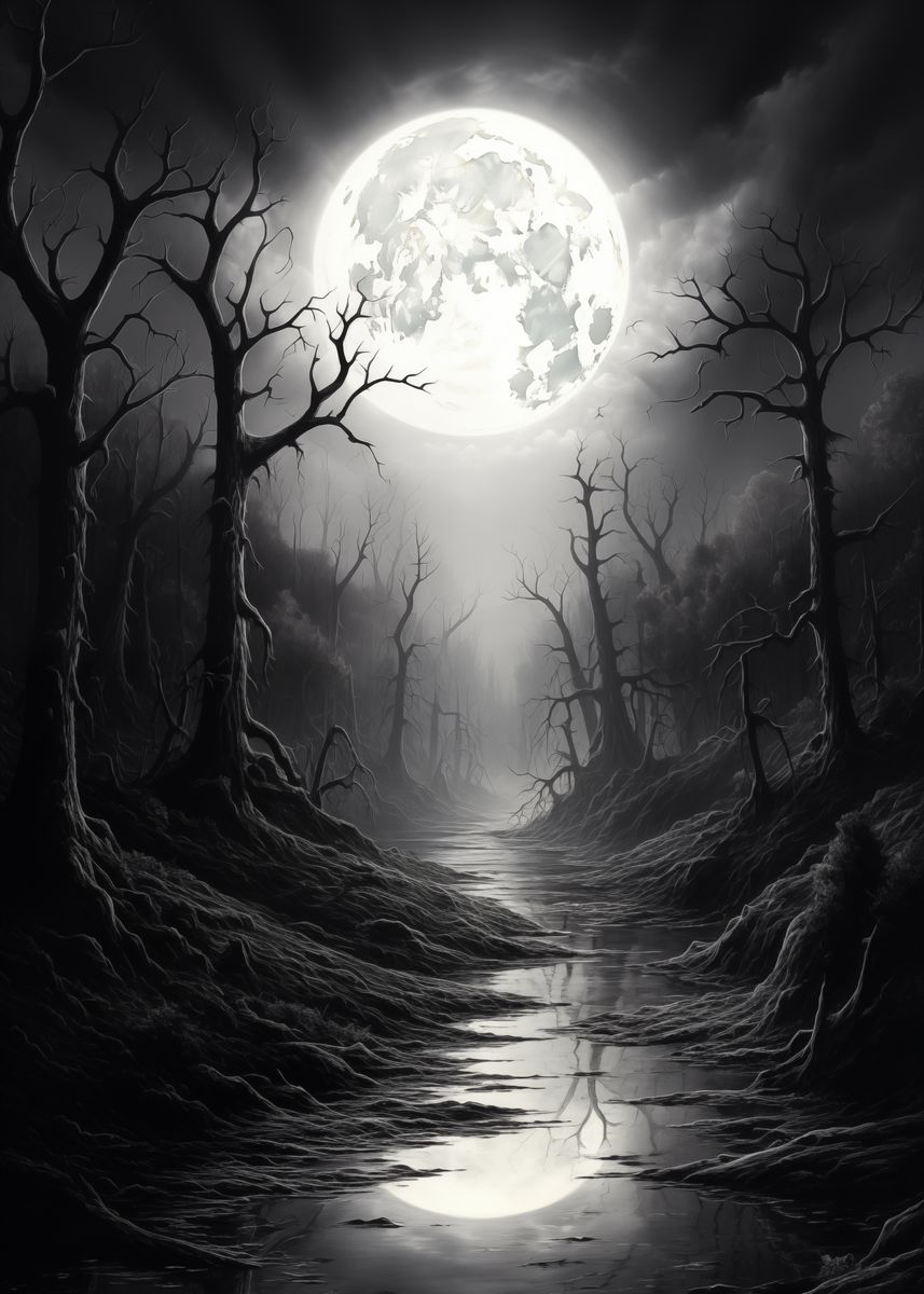 'Moonlit Forest Path' Poster, picture, metal print, paint by ...