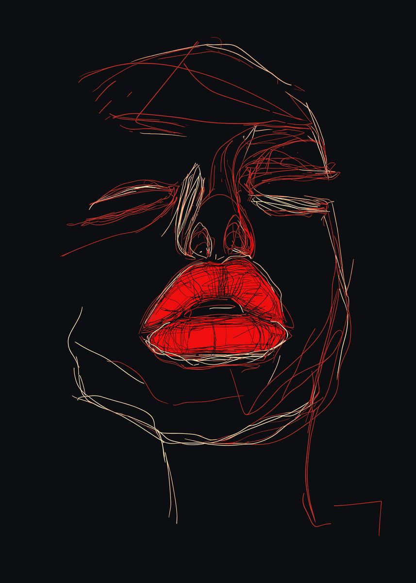 'Red Lips Abstract Portrait' Poster, picture, metal print, paint by ...