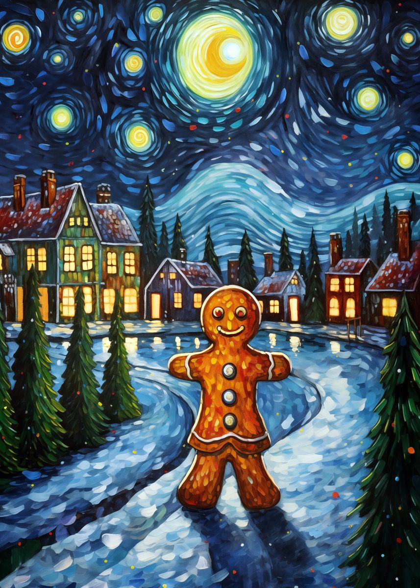'Gingerbread Man in Starry Night' Poster, picture, metal print, paint ...