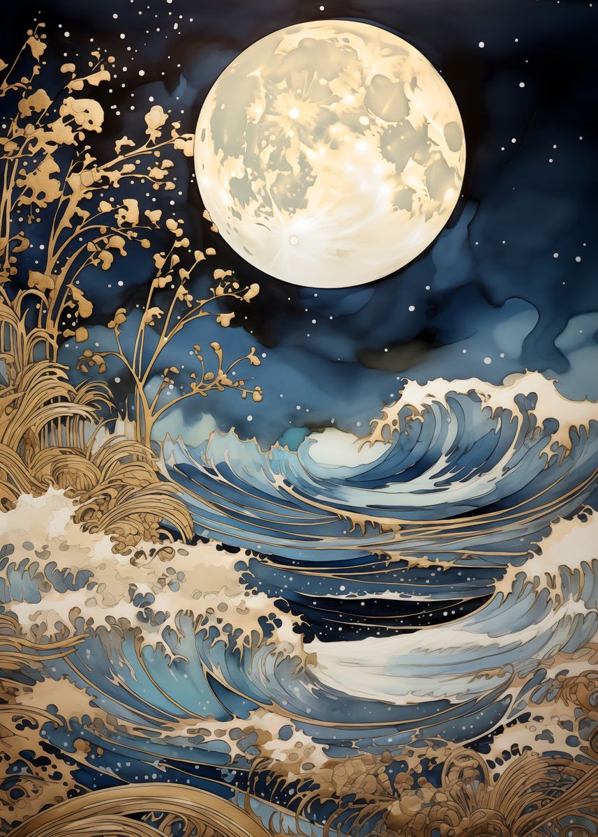 'Golden Moon Waves' Poster, picture, metal print, paint by Risetheheart ...