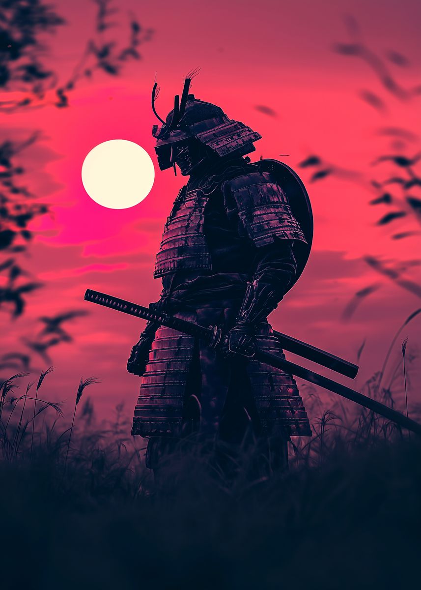'Neon Sunset Cryopunk Samurai' Poster, picture, metal print, paint by ...