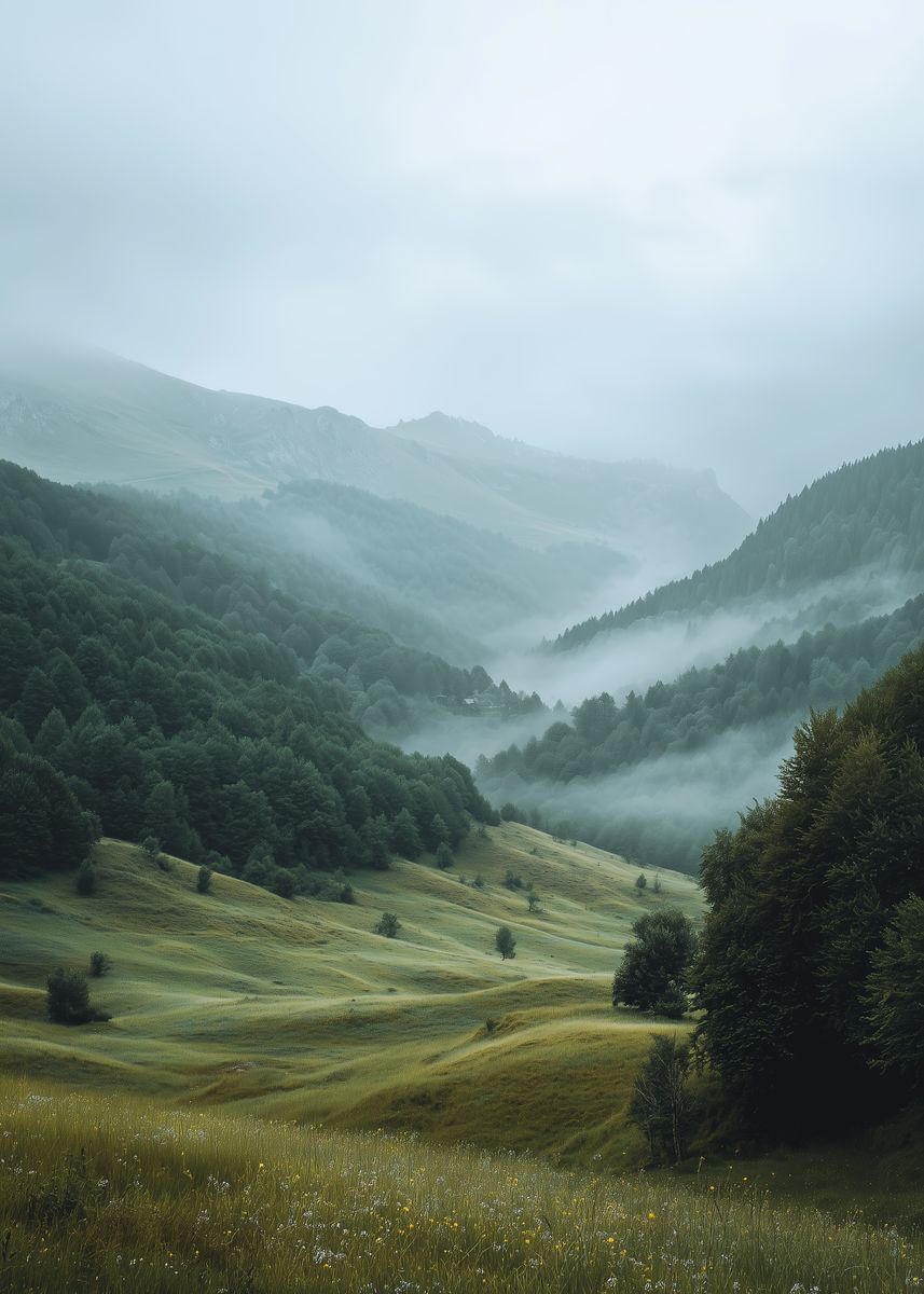 'Misty Mountain Valley' Poster, picture, metal print, paint by Martin ...