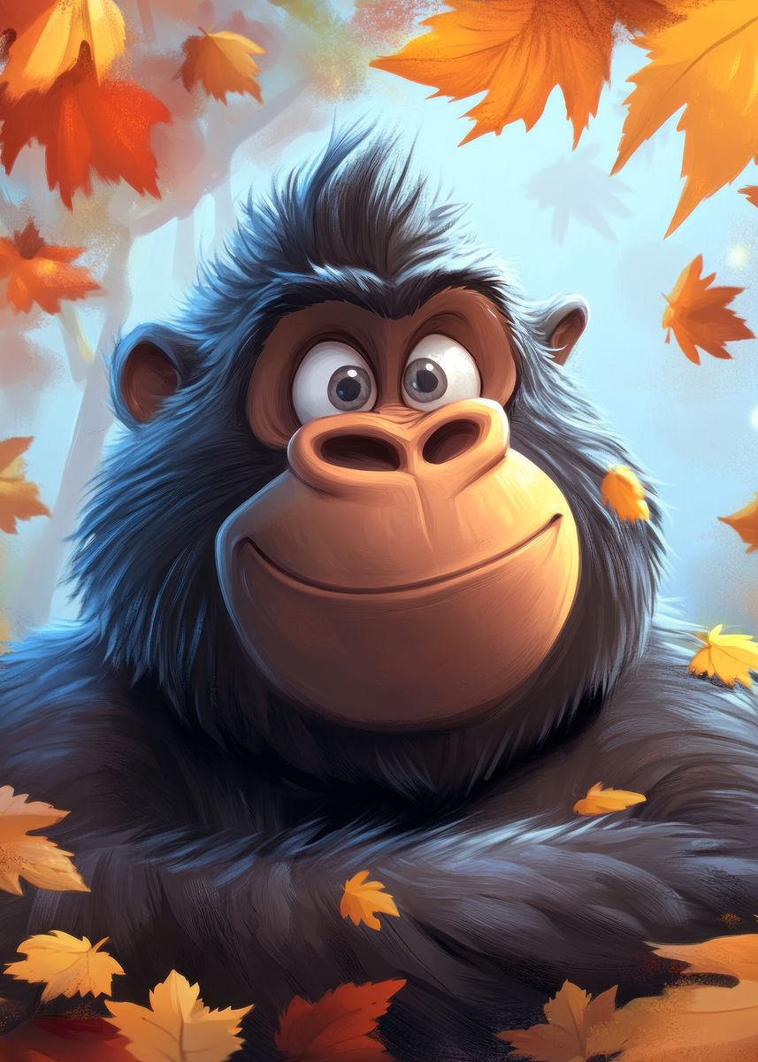 'Smiling Gorilla in Autumn' Poster, picture, metal print, paint by ...