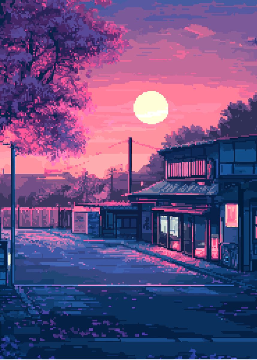 'Pixelated Japanese Sunset' Poster, picture, metal print, paint by Mild ...
