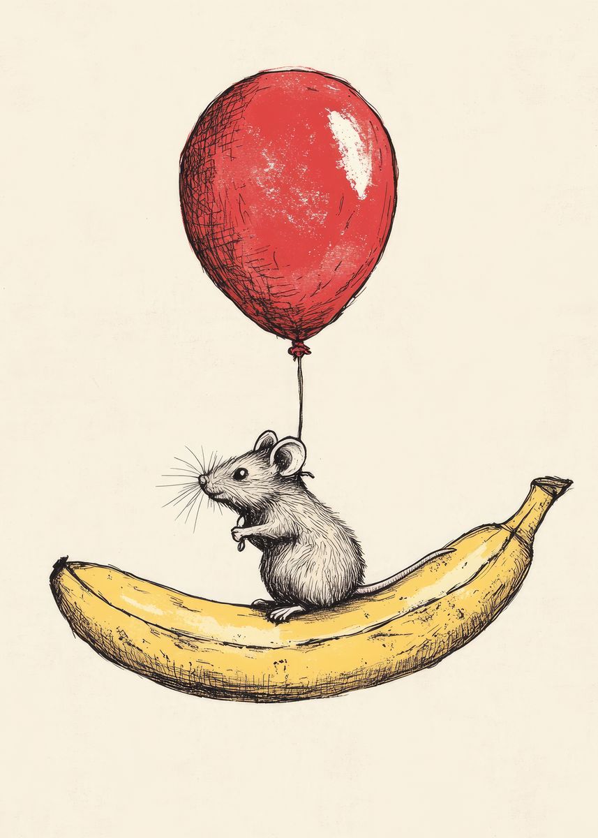 'Mouse On Banana Balloon' Poster, picture, metal print, paint by Ilyrin ...