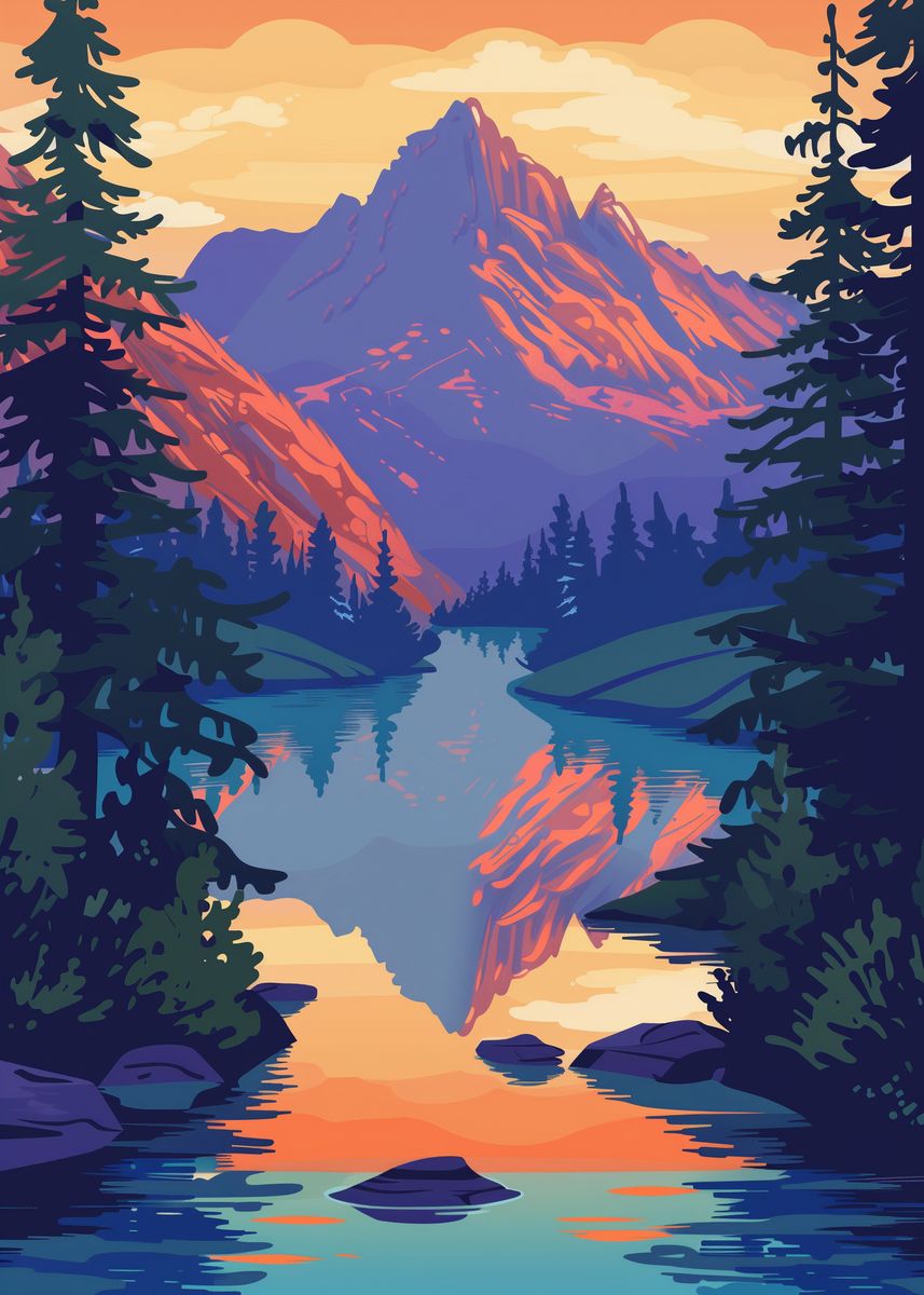 'Mountain Lake Sunset' Poster, picture, metal print, paint by hadi ...