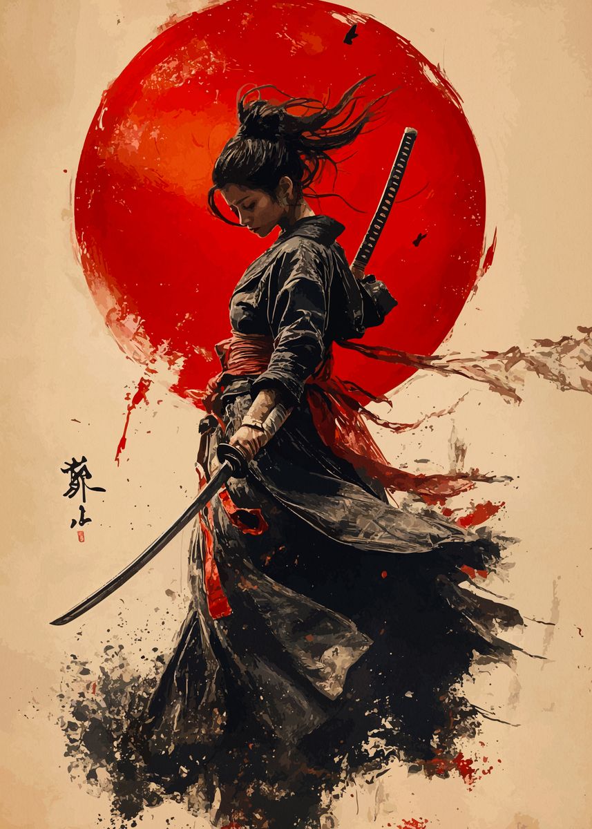 'Samurai Woman with Red Sun' Poster, picture, metal print, paint by ...