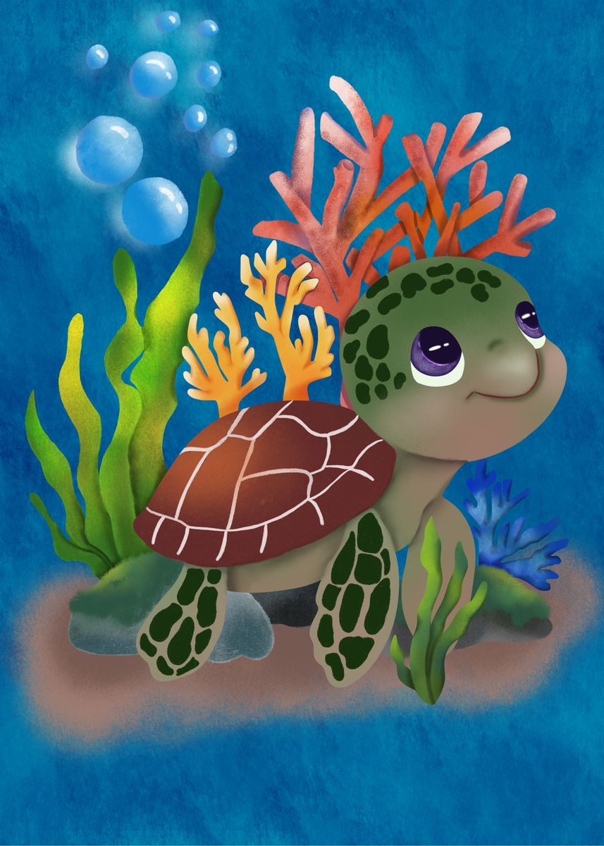 'Cute Sea Turtle Illustration' Poster, picture, metal print, paint by ...
