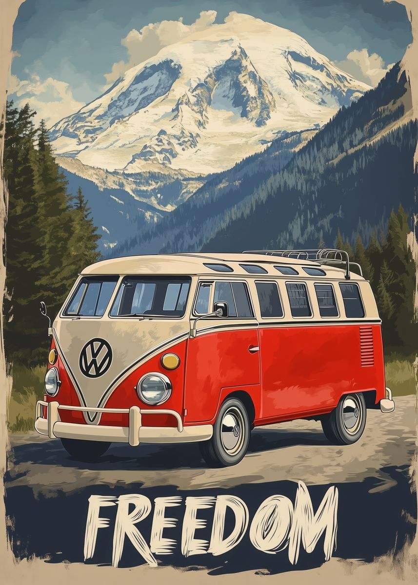'The VW Bulli Bus Travel Poster' Poster, picture, metal print, paint by ...