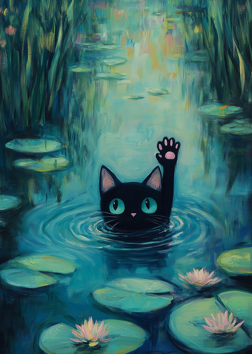 'Monet Cat in Water Lilies Meme' Poster, picture, metal print, paint by ...