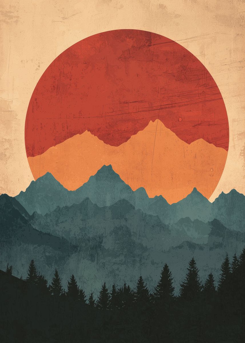 'The Vintage Sunset Mountain Landscape' Poster, picture, metal print ...