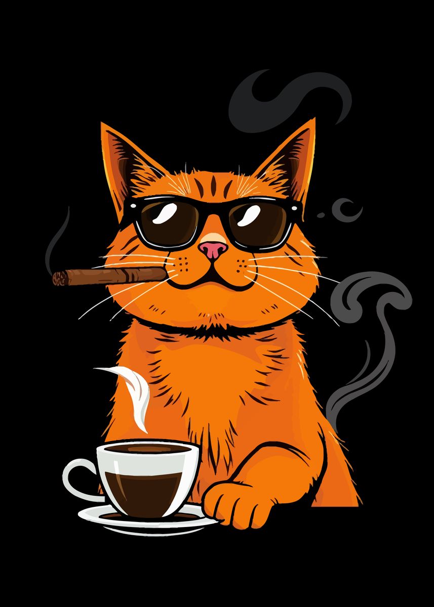 'Smoking Cat with Coffee' Poster, picture, metal print, paint by MIROKU ...