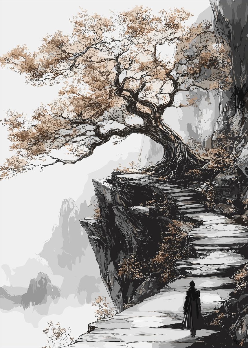 'Mountain Path with Tree' Poster, picture, metal print, paint by ...
