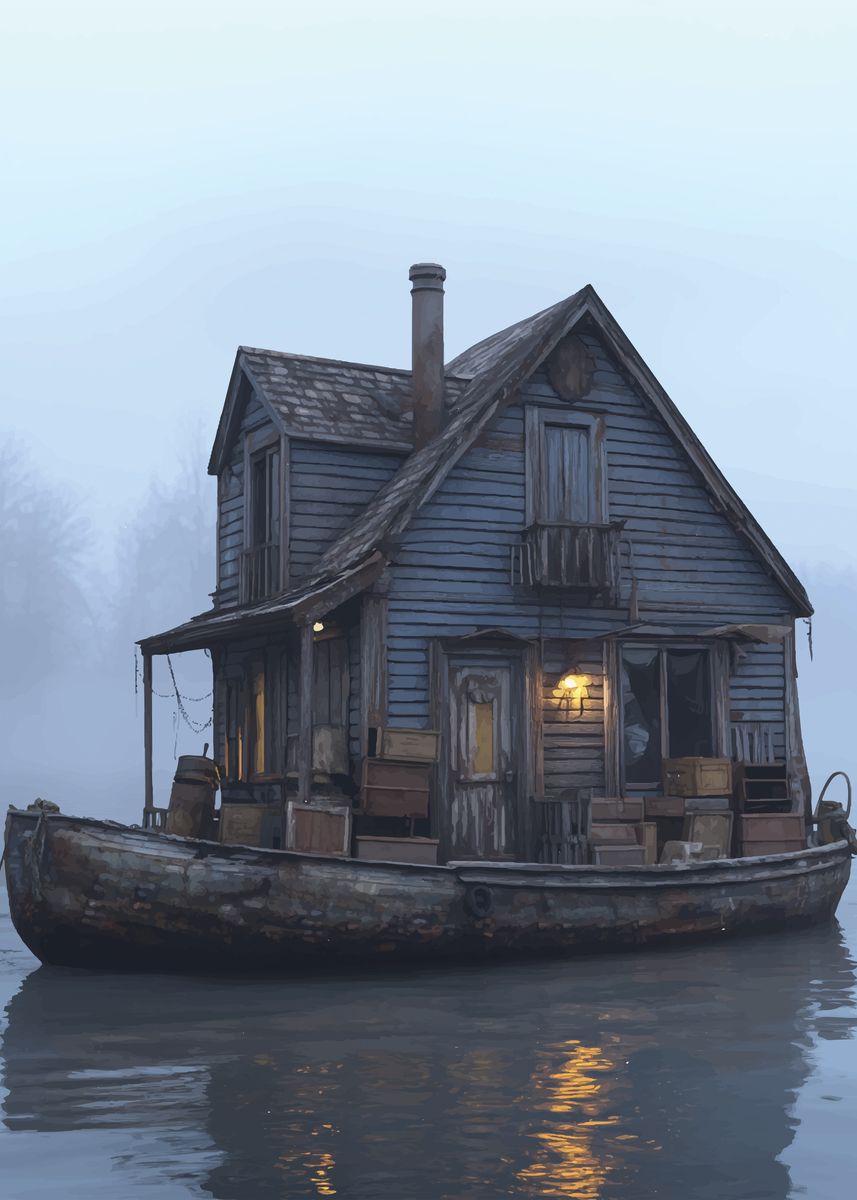 'Houseboat in Fog' Poster, picture, metal print, paint by Hawysia Leyna ...
