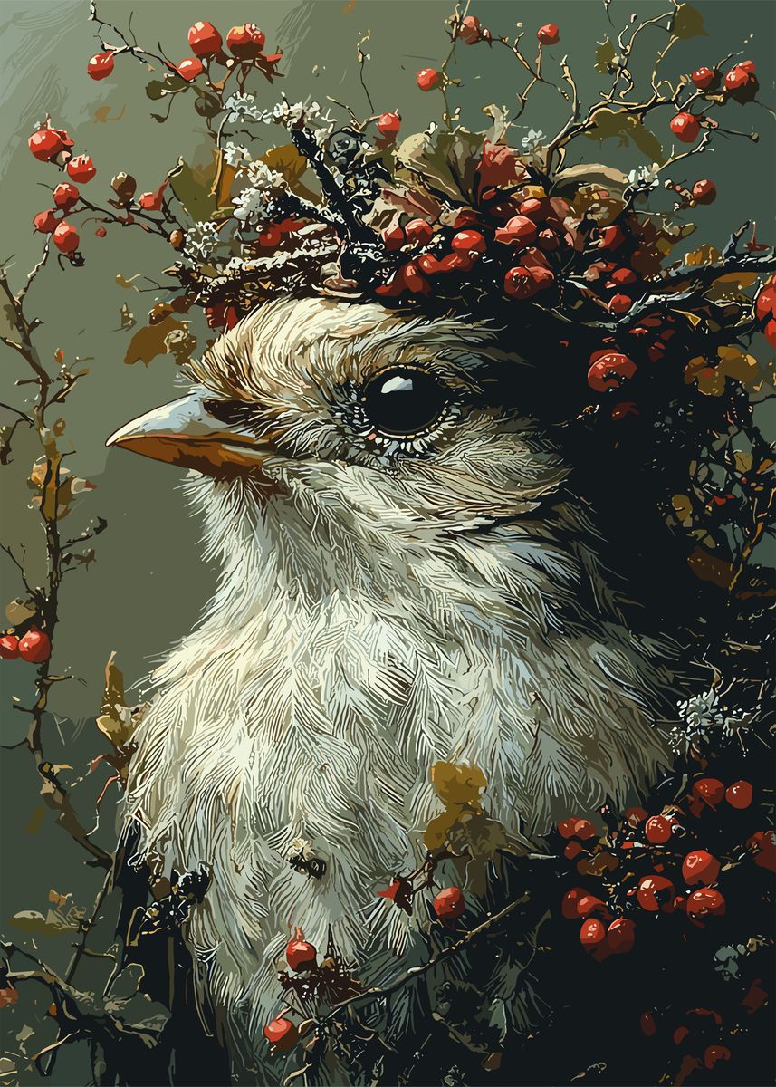 'Bird with Berry Crown' Poster, picture, metal print, paint by Fanth ...