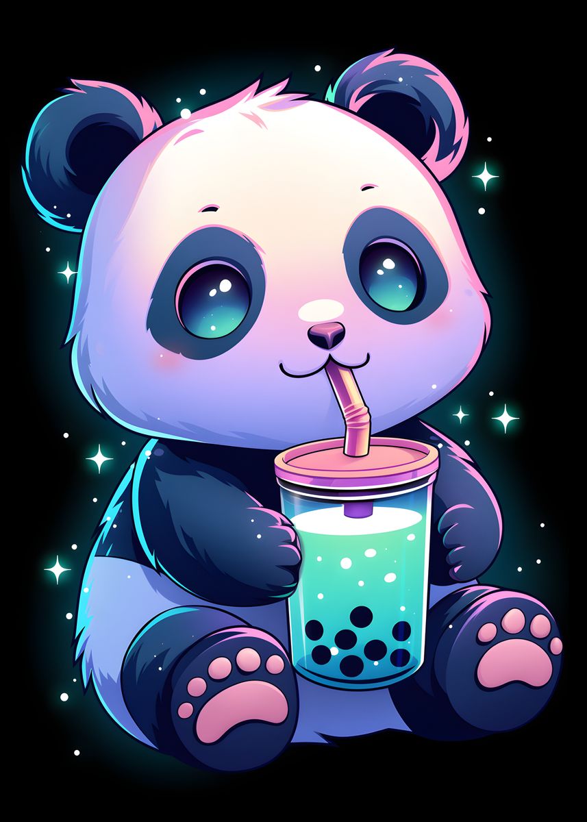 'Cute Panda with Boba Tea' Poster, picture, metal print, paint by ...