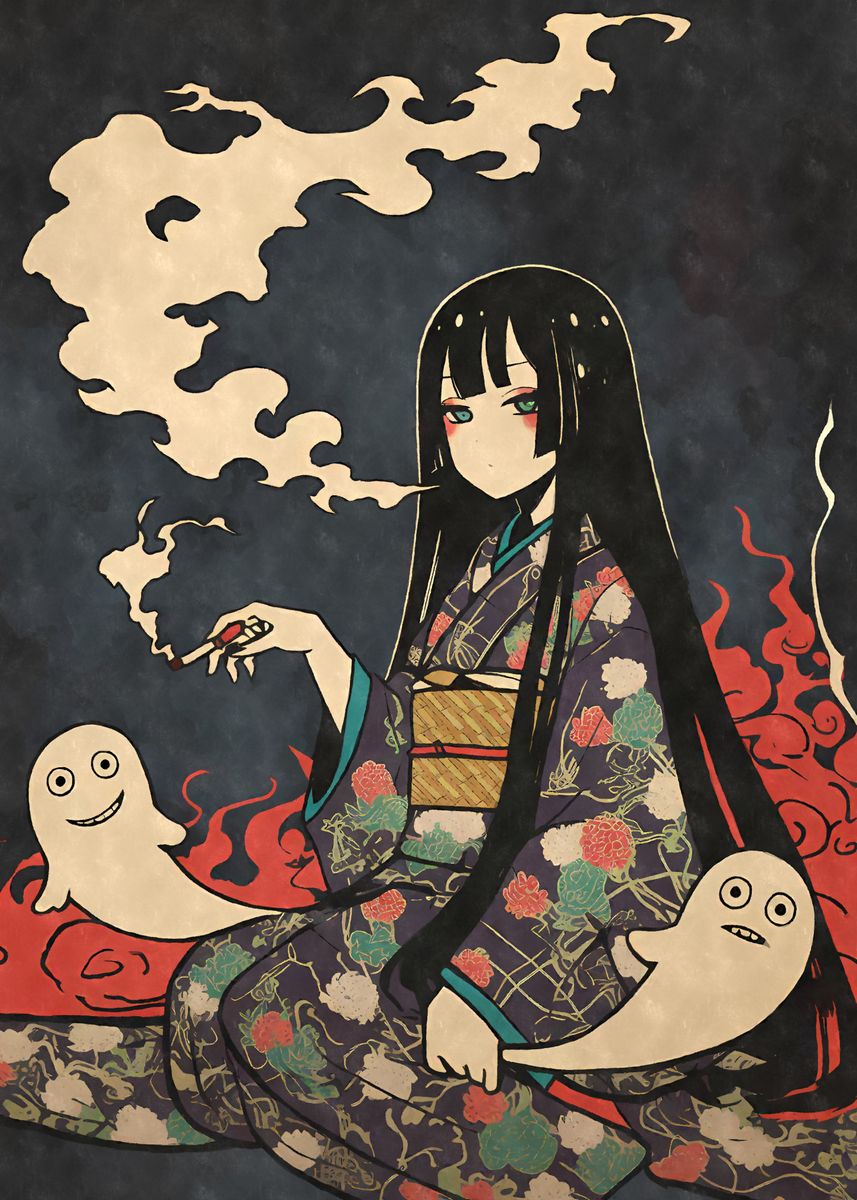'Anime Girl Smoking with Ghosts' Poster, picture, metal print, paint by ...