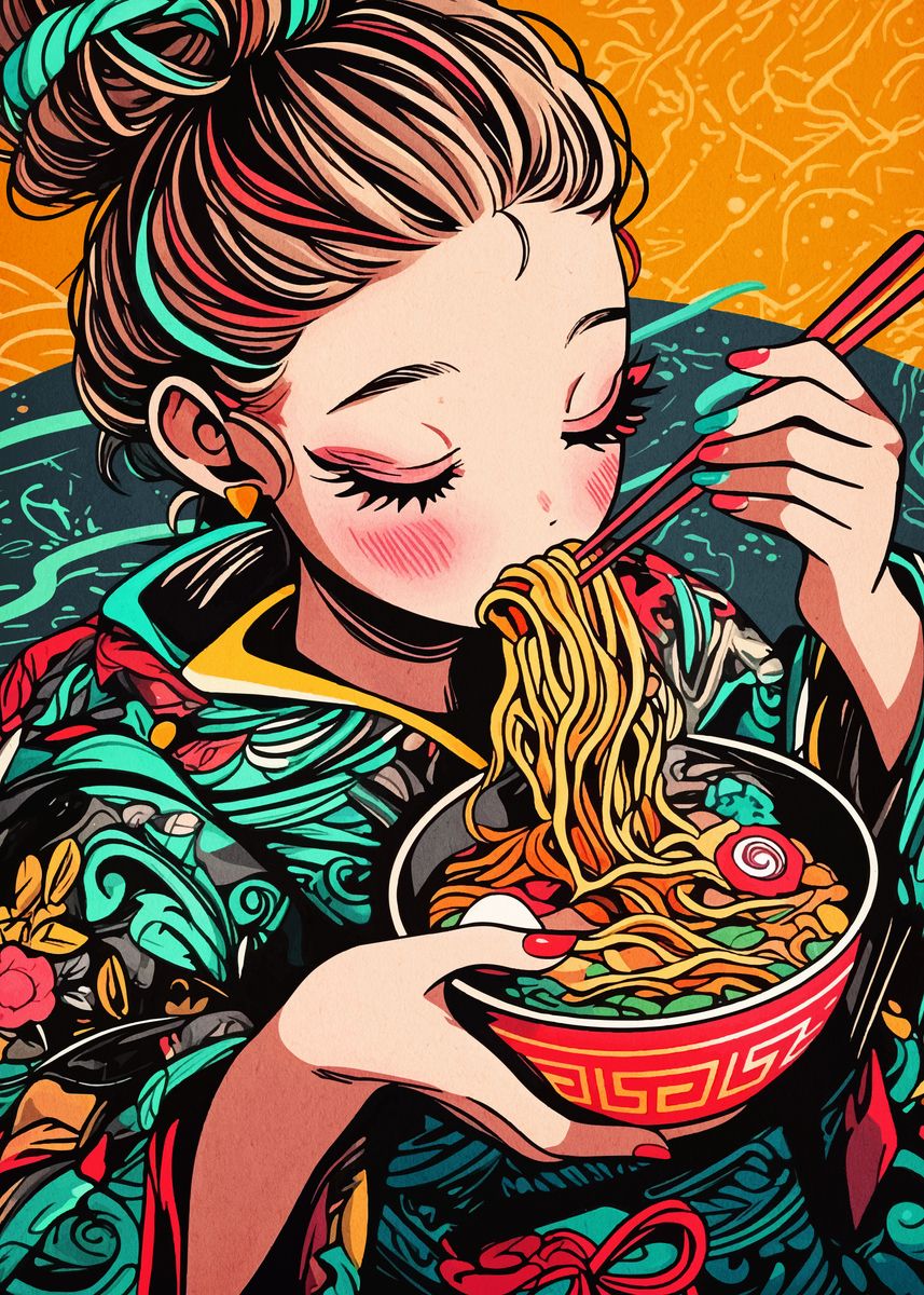 'Anime Girl Eating Ramen' Poster, picture, metal print, paint by Raheem ...