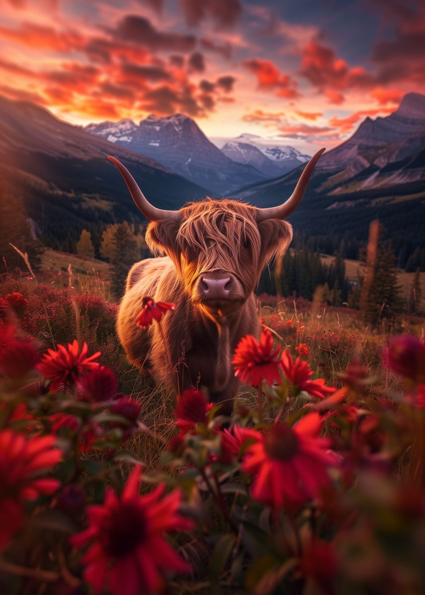 'Highland Cow Sunset ' Poster, picture, metal print, paint by MOHAMED ...