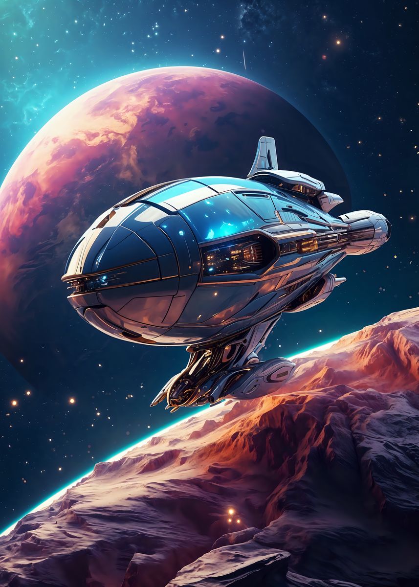'Spaceship Over Planet' Poster, picture, metal print, paint by The ...