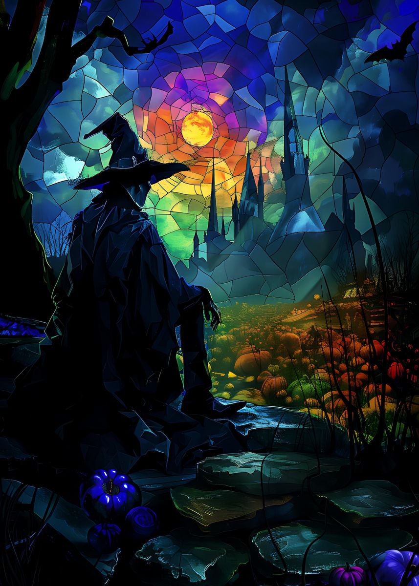 'Stained Glass Wizard Pumkin Patch and Castle ' Poster, picture, metal ...