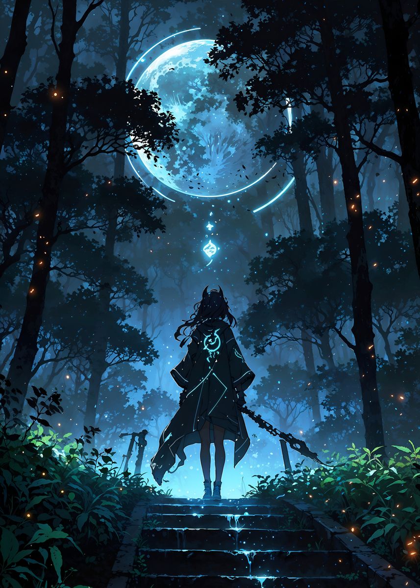 'Cyberpunk Anime Girl in Moonlight Forest' Poster, picture, metal print ...